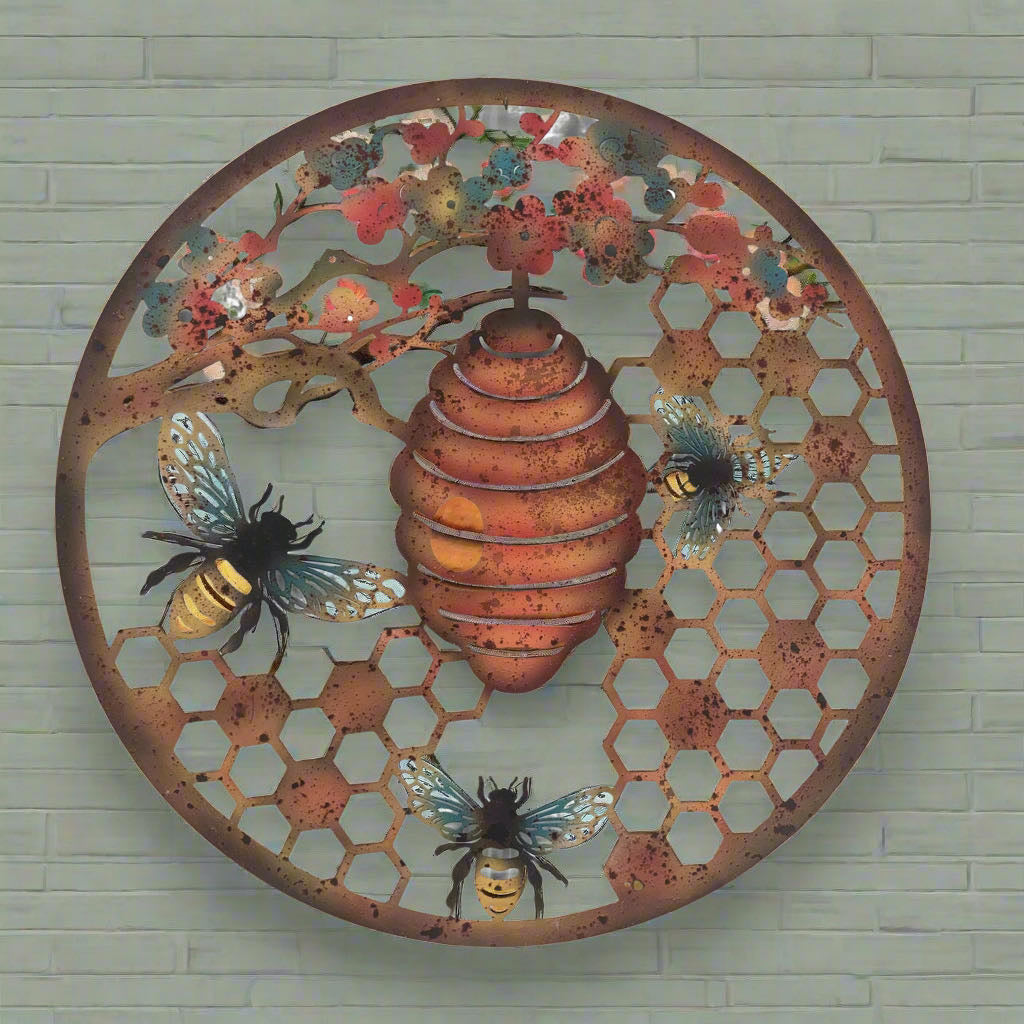 Handmade 60cm Bee and bee hive Wall Plaque, colourful Metal, Garden ...