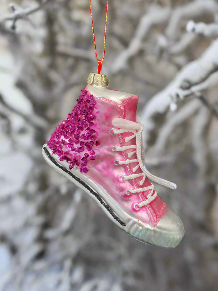 Glass Christmas pink glitter trainer shoe Christmas bauble tree hanging ...