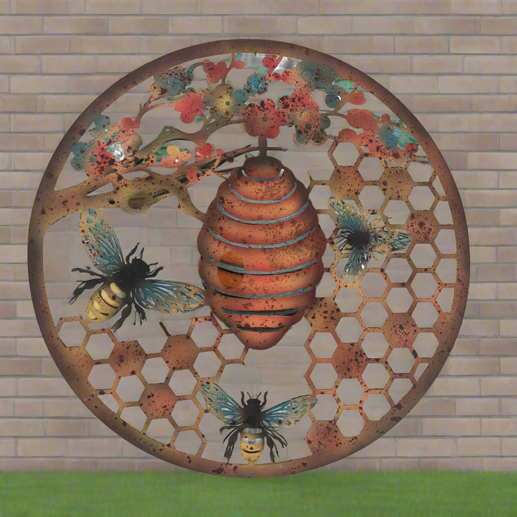 Handmade 40cm Bee and bee hive Wall Plaque, colourful Metal, Garden ...