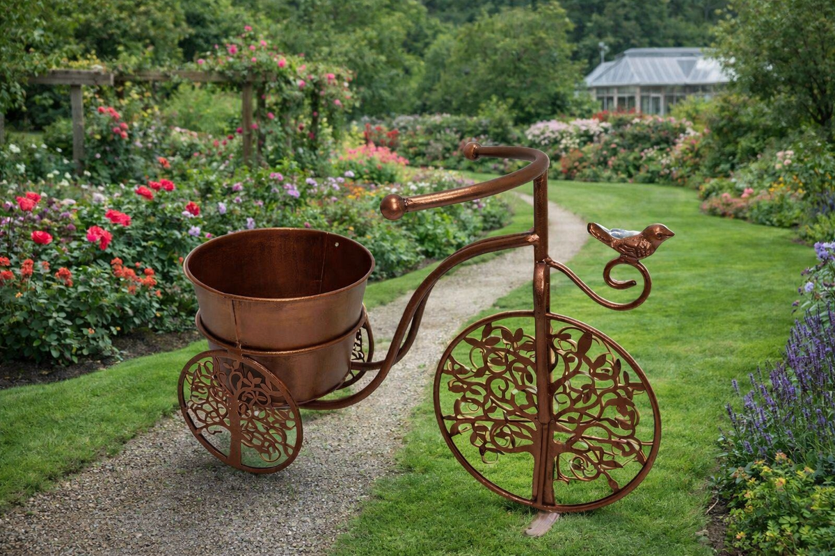 Handmade bronze bike with with bird and tree of life wheels pot plant ...