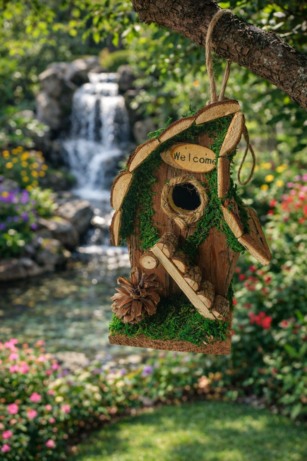 Handmade wooden Birdhouse with wooden stairs & acorn design 16x15x21cm ...