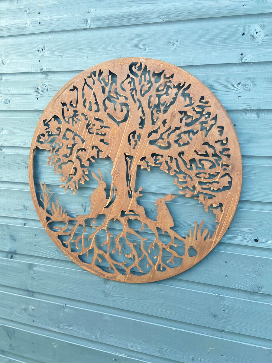 Handmade rusty 61.5cm wall plaque of rabbits Woodland animals Tree Wall ...