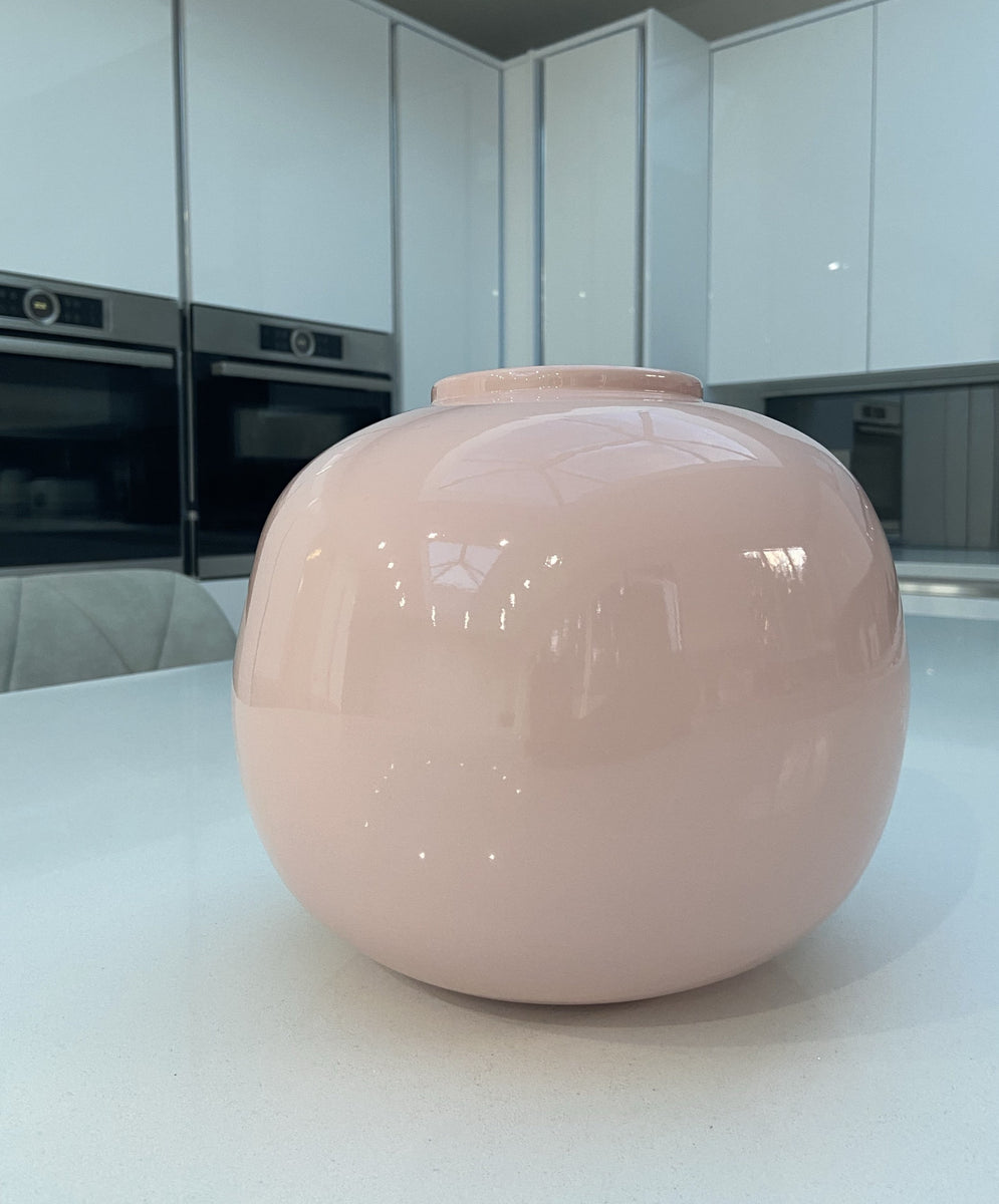 Small handmade rounded pastel pink 20cm bamboo vase
